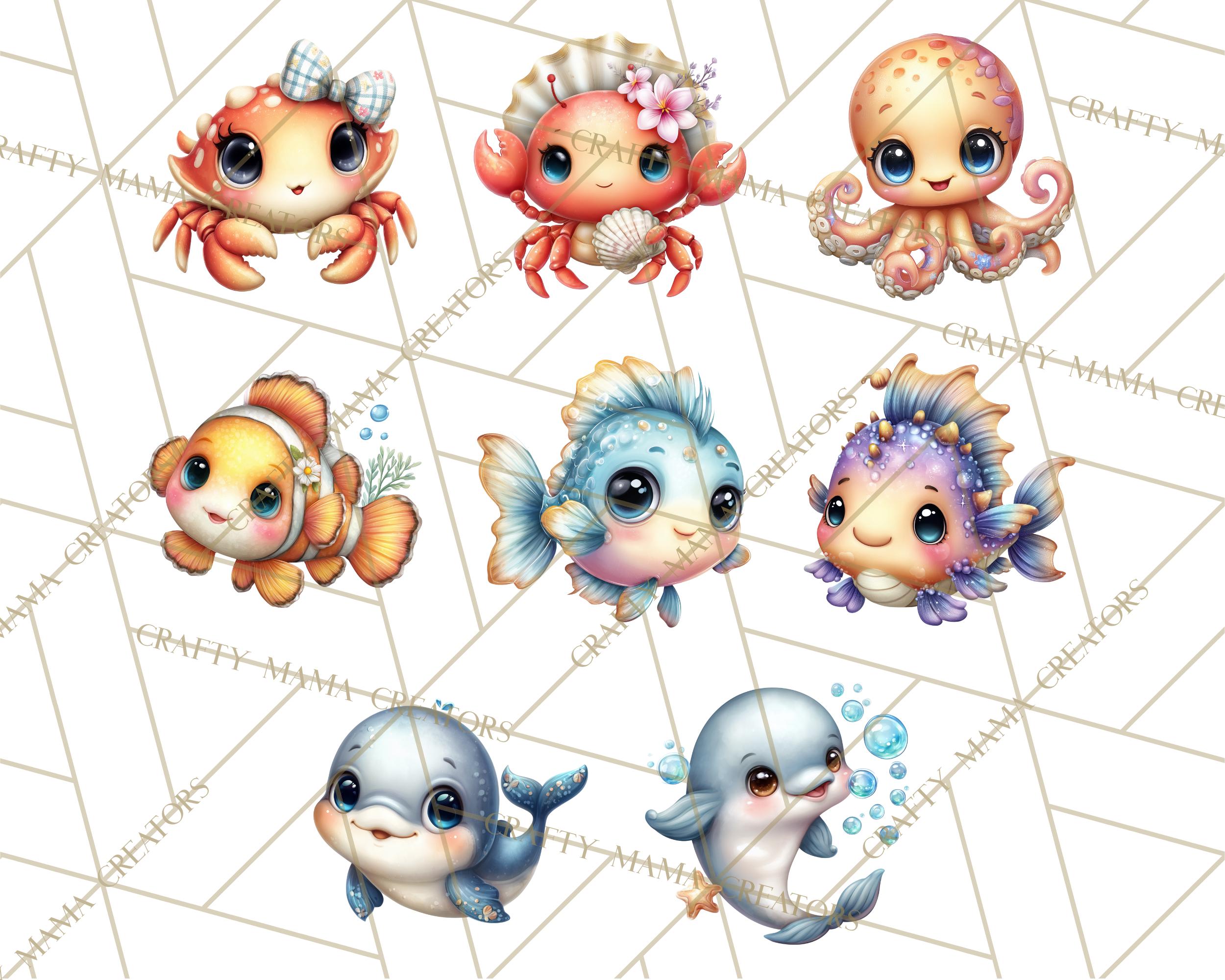 52 Png, Under the Sea Babies PNG, Cute Sea Animal Clipart, Watercolor ...