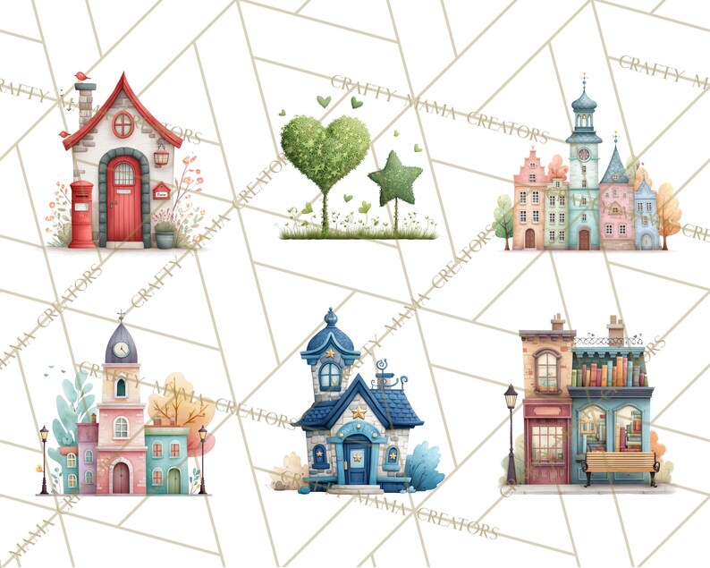 52 Png, Cute Neighborhood Clipart, Whimsical Town PNG, Houses Shops ...