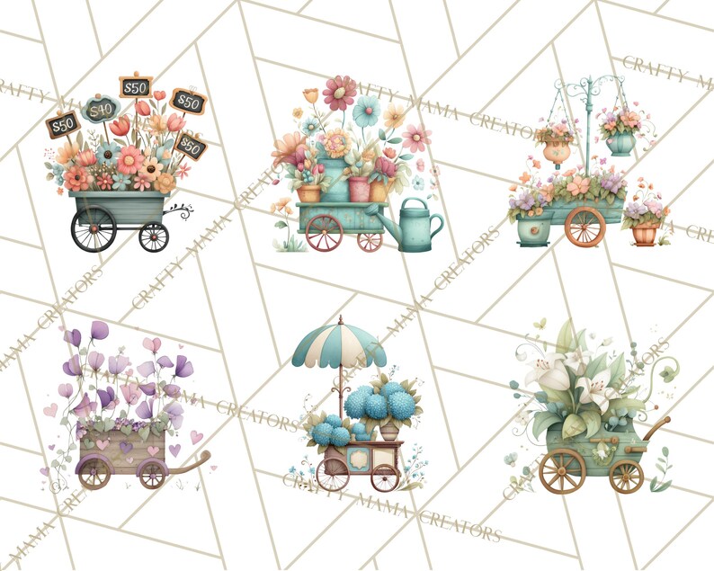 48 Png, Whimsical Flower Carts PNG, Floral Market Clipart, Spring ...