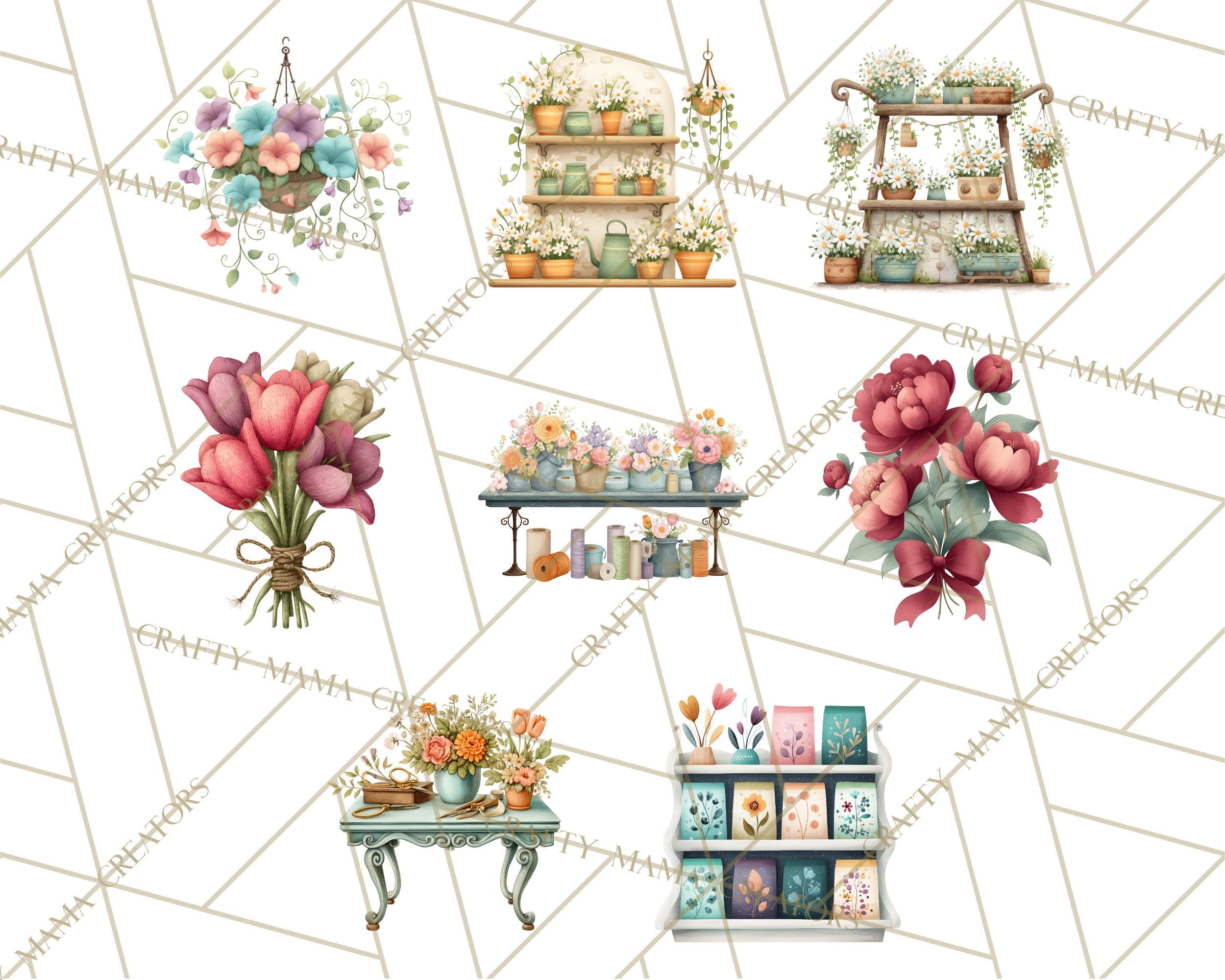56 Png, Whimsical Flower Market PNG, Floral Stand Clipart, Flower Shop ...