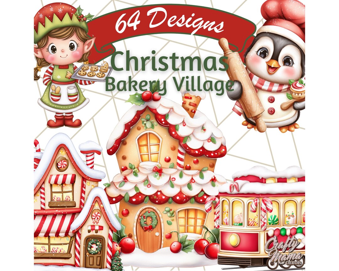 Cozy Christmas Bakery Clipart, Gingerbread Cookie Houses PNG, Santa ...