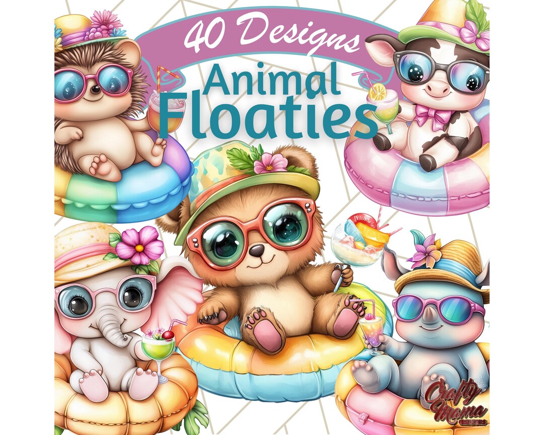 Cute Animal Pool Floaties Clipart, Summer Beach PNG, Cute Animal ...