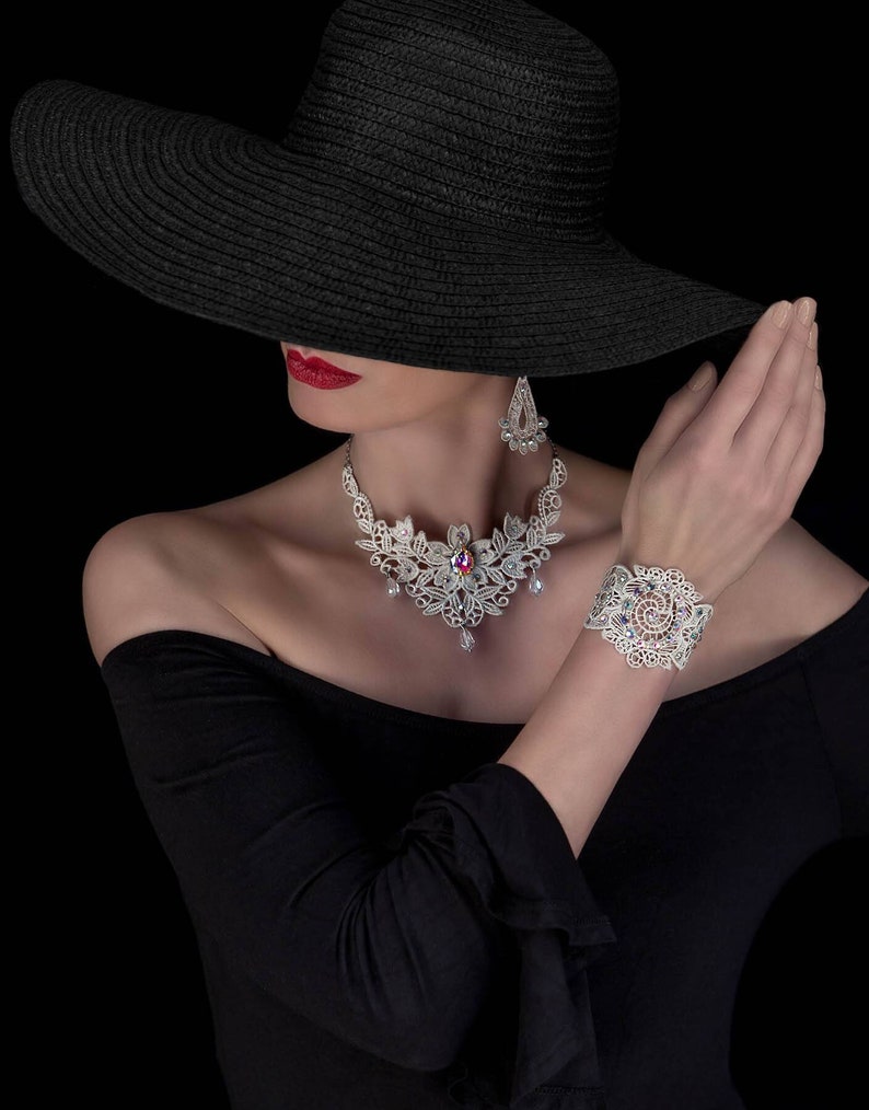 Beige Lace and Crystal Jewelry Set with Necklace Earrings & - Etsy ...