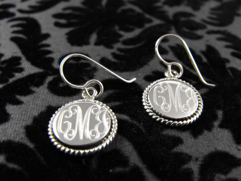 Monogrammed Sterling Silver Earrings, Personalized Rope Trimmed Silver ...