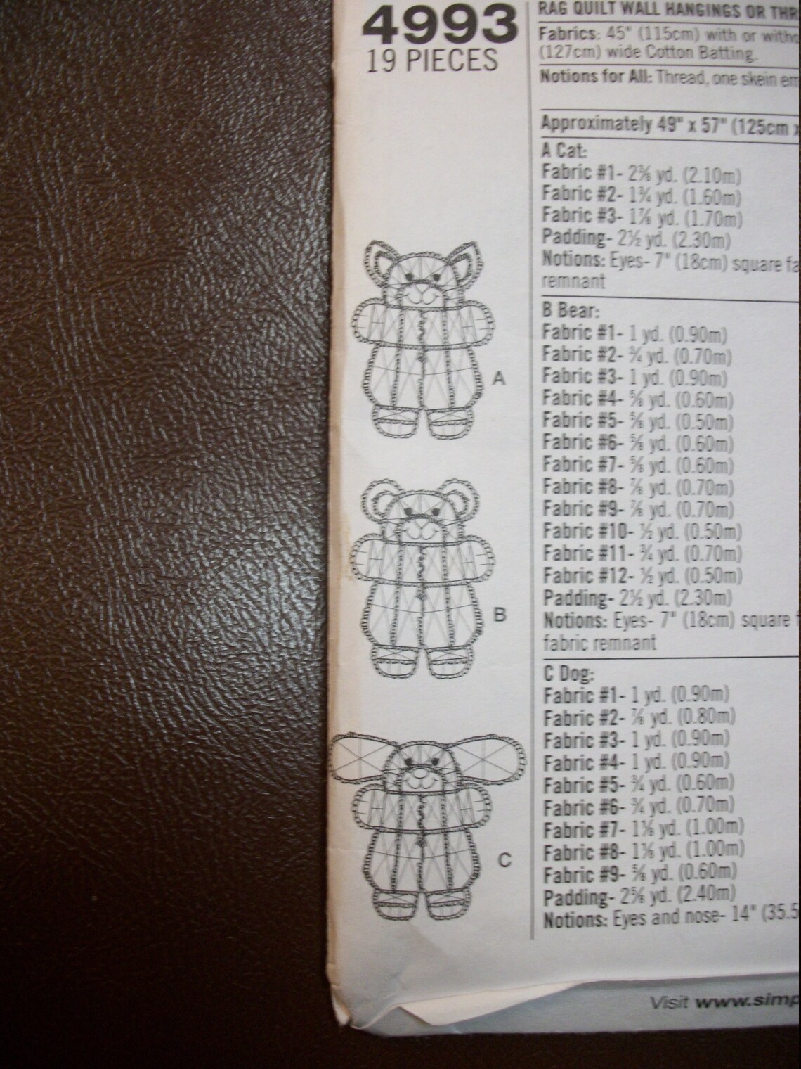 Simplicity 4993 Rag Quilt Wall Hangings or Throws. Cat, Bear, Dog ...