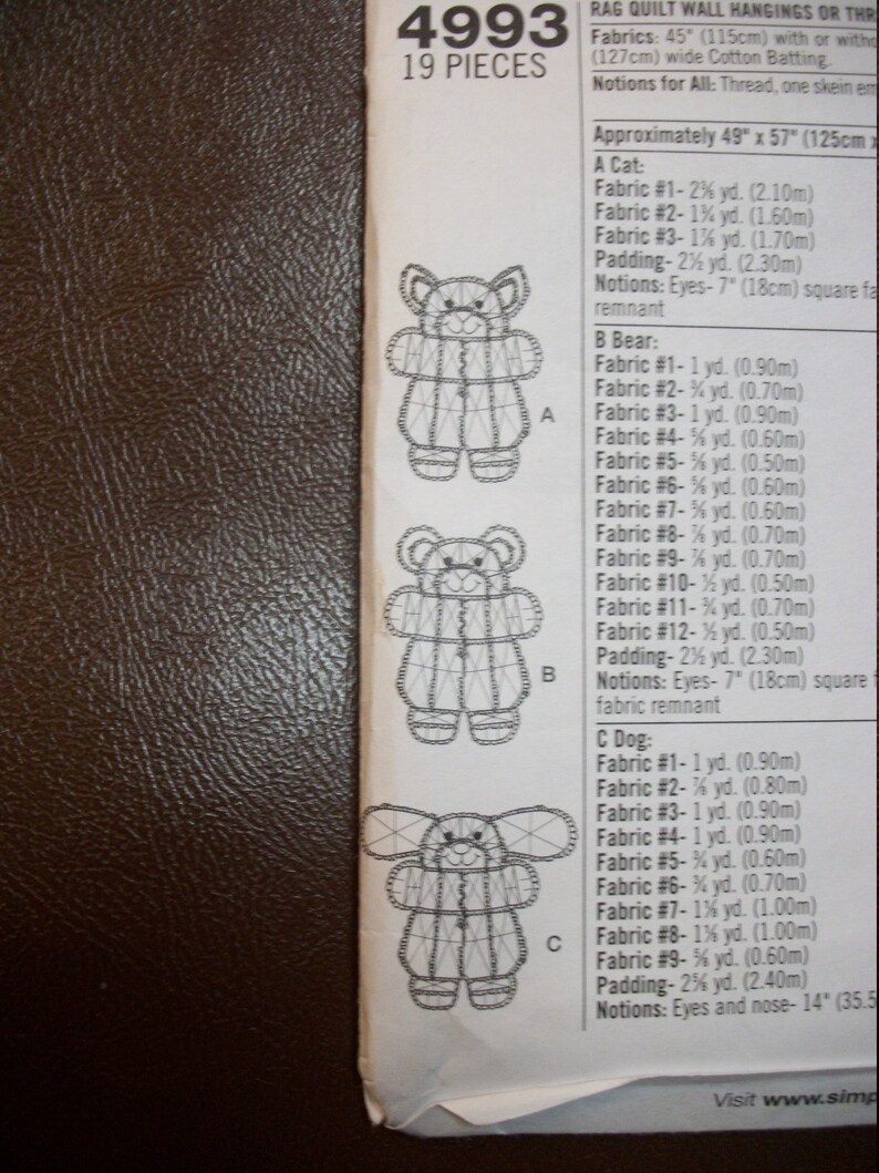 Simplicity 4993 Rag Quilt Wall Hangings or Throws. Cat, Bear, Dog ...