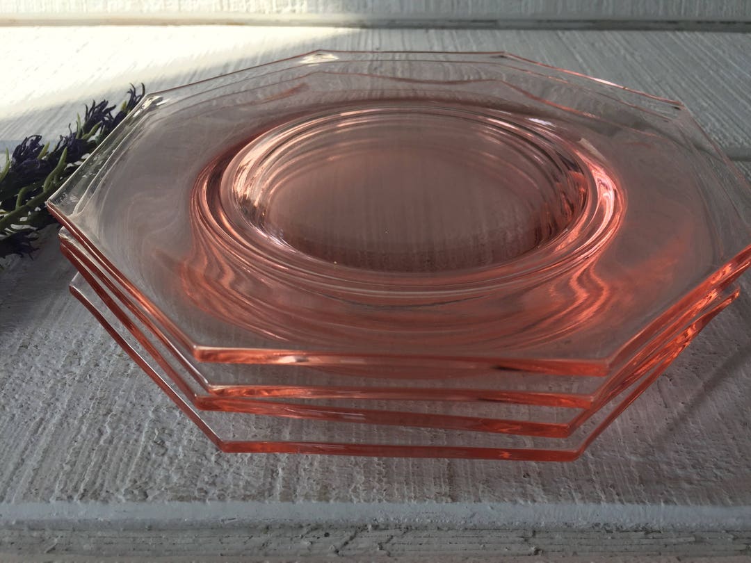 4 Pink Depression Glass Plate SET, Antique Pink Glass Plates Octagonal ...