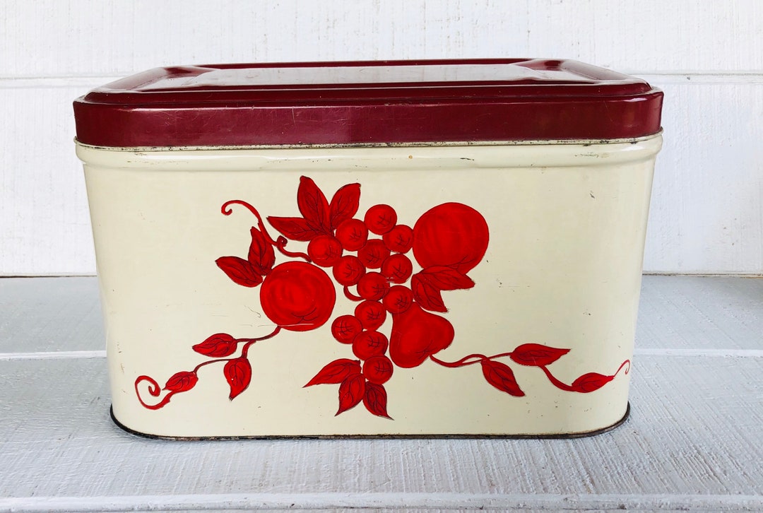 Vintage Distressed Metal Bread Box Fruit Design Red Orange Ivory ...