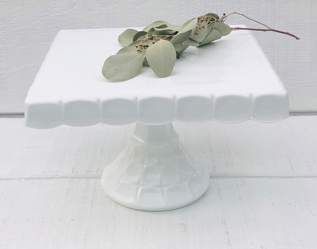 Vintage Square Milk Glass Cake Stand, Pedestal Cake Plate, Wedding Cake ...