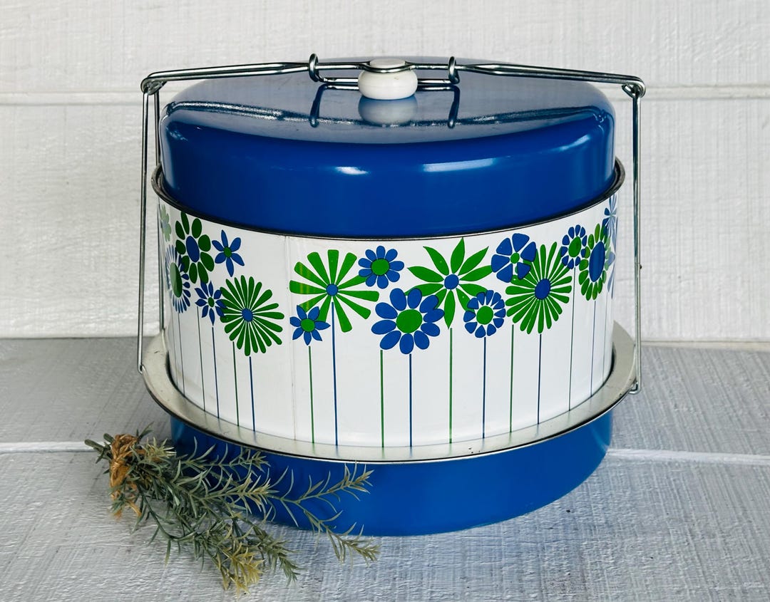 Retro Metal Pie & Cake Carrier Blue Green White Floral Dessert Carrier ...