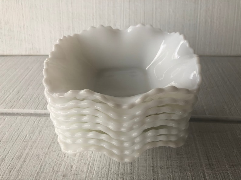 Vintage Opaque Square White Glass Bowl Scalloped Edges Hobnail | Etsy