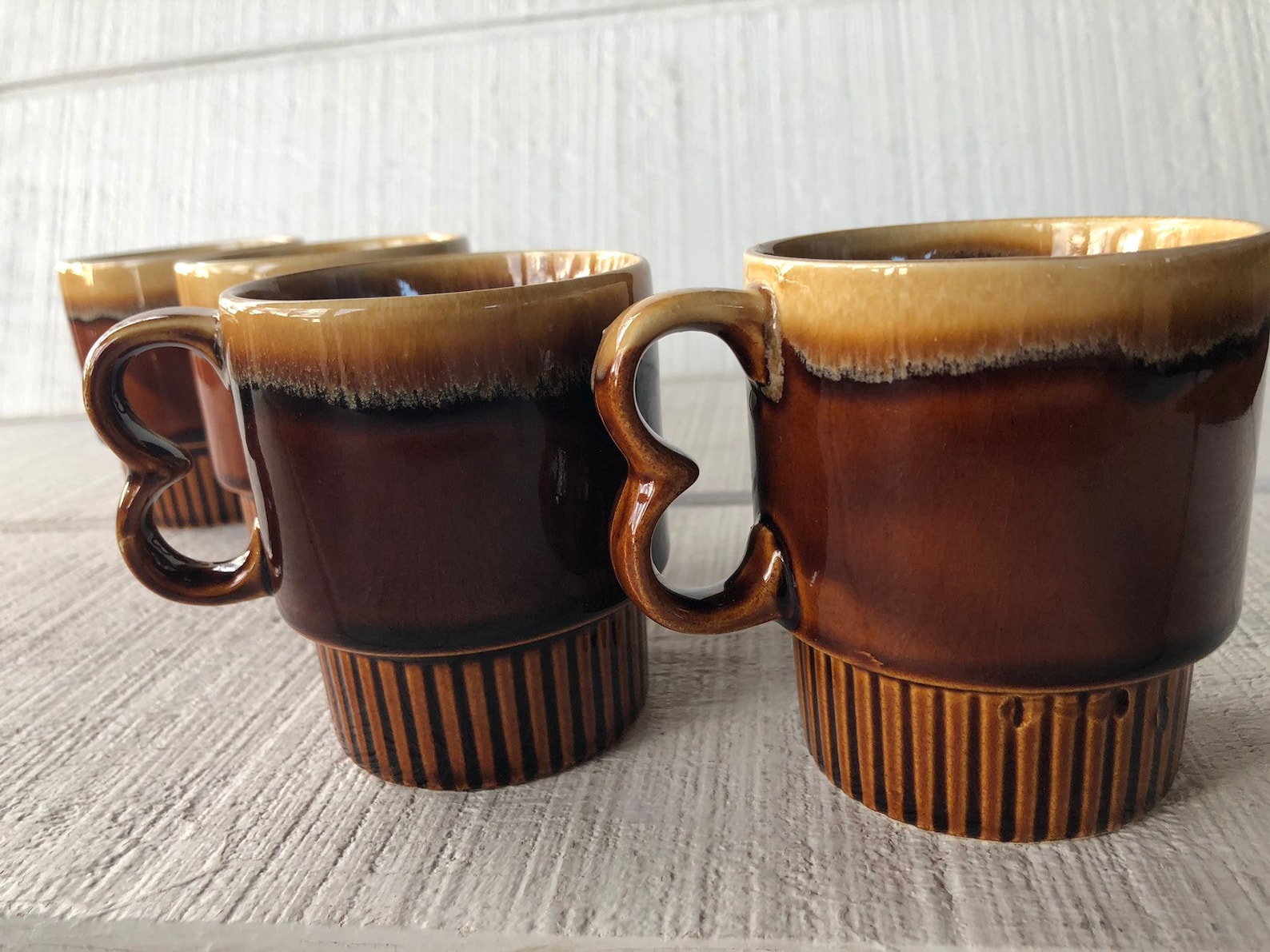 4 Vintage Brown Drip Coffee Mugs 2 Finger Handle Brown Pottery | Etsy