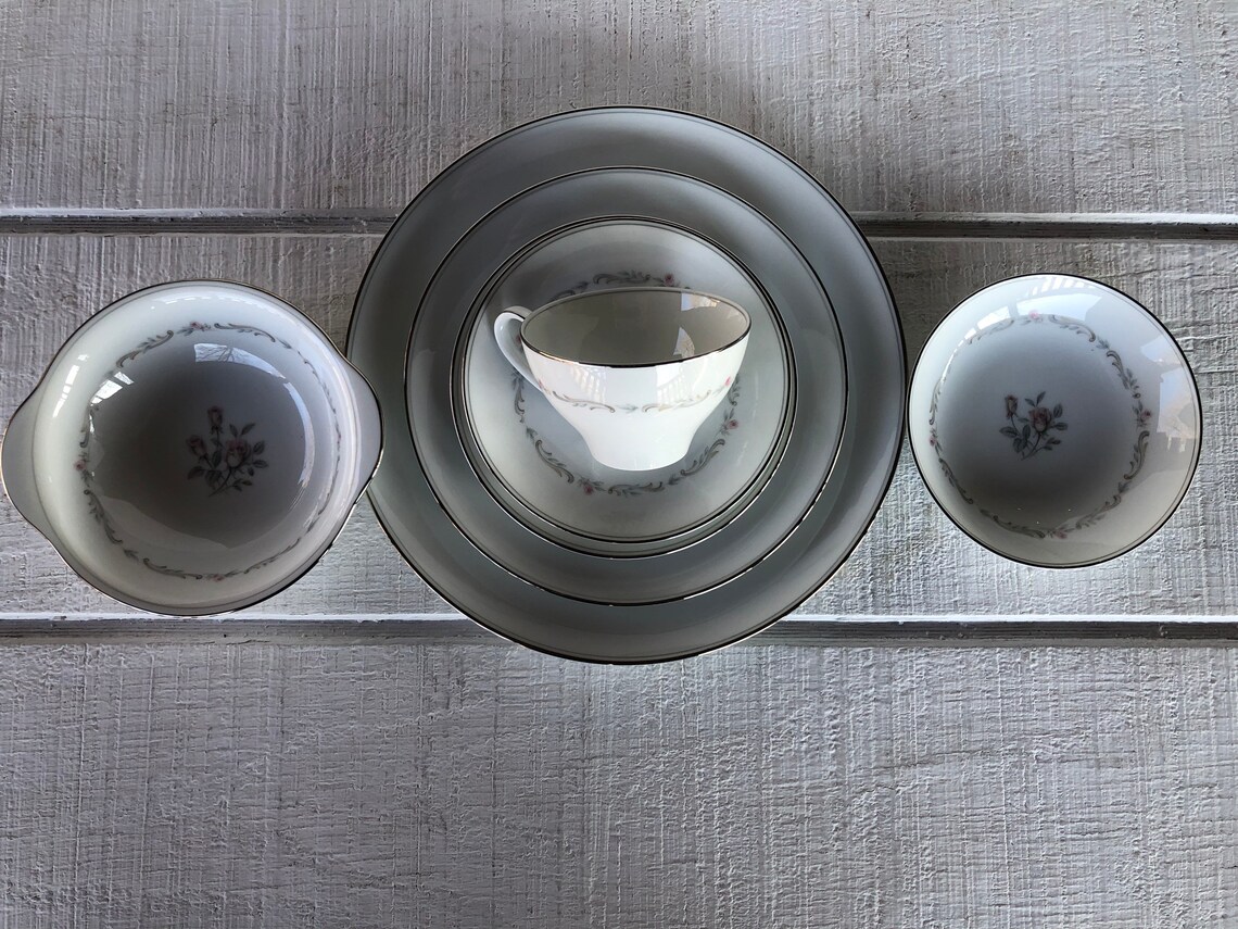 Noritake Mayfair 1960s China 7 Pc Place Setting Pink Rose Platinum Trim ...