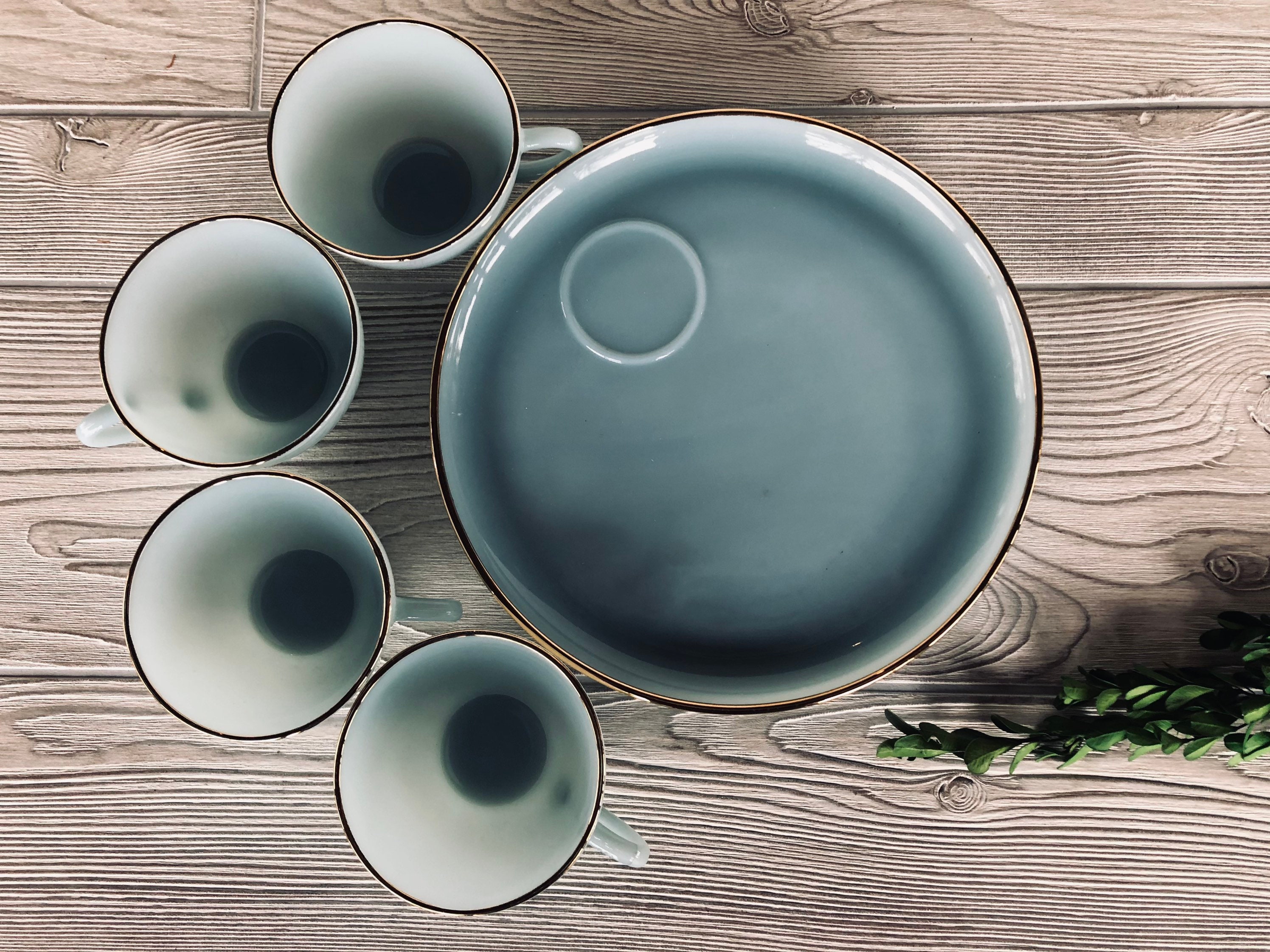 1950s Fire King Delphite Blue Turquoise Snack Set Plate Cup 22 KT Gold ...