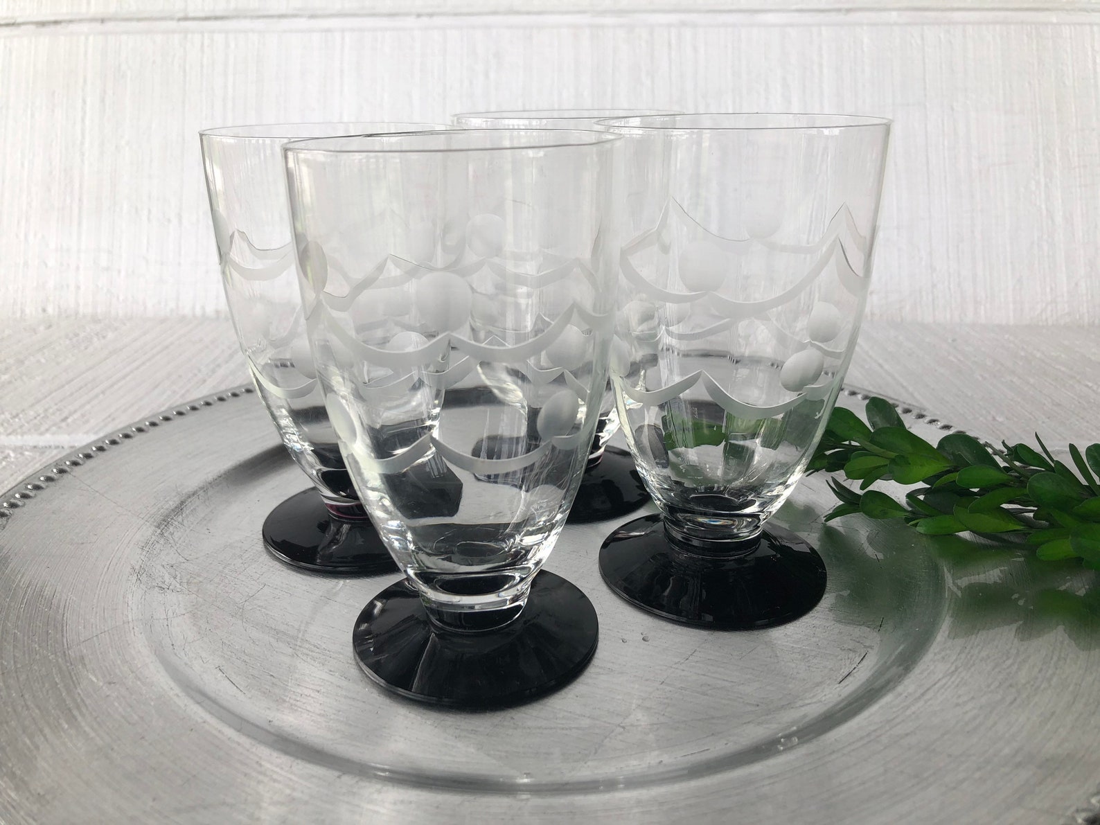 4 Vintage Etched Water Ice Tea Goblets Paneled Glass Parfait Etched Mid ...