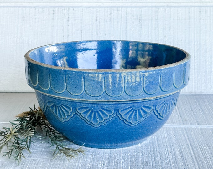 10" Salt Glaze Blue Stoneware Crock Bowl Yellow Ware Mixing Bowl ...