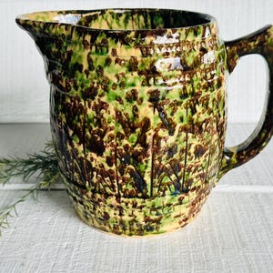 Antique XL Stoneware Pitcher Green Brown Yellow Spongeware Pottery ...