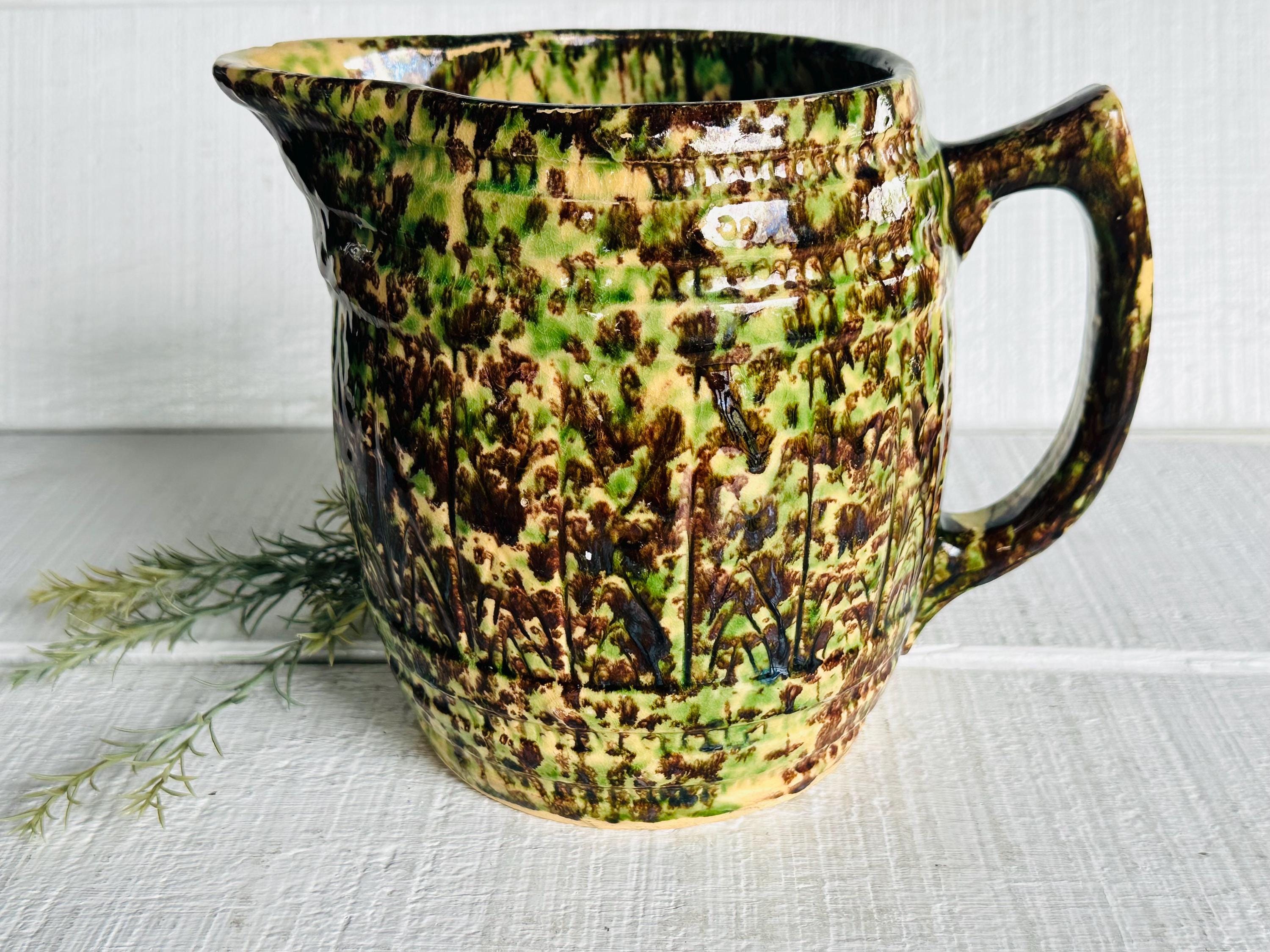 Antique XL Stoneware Pitcher Green Brown Yellow Spongeware Pottery ...