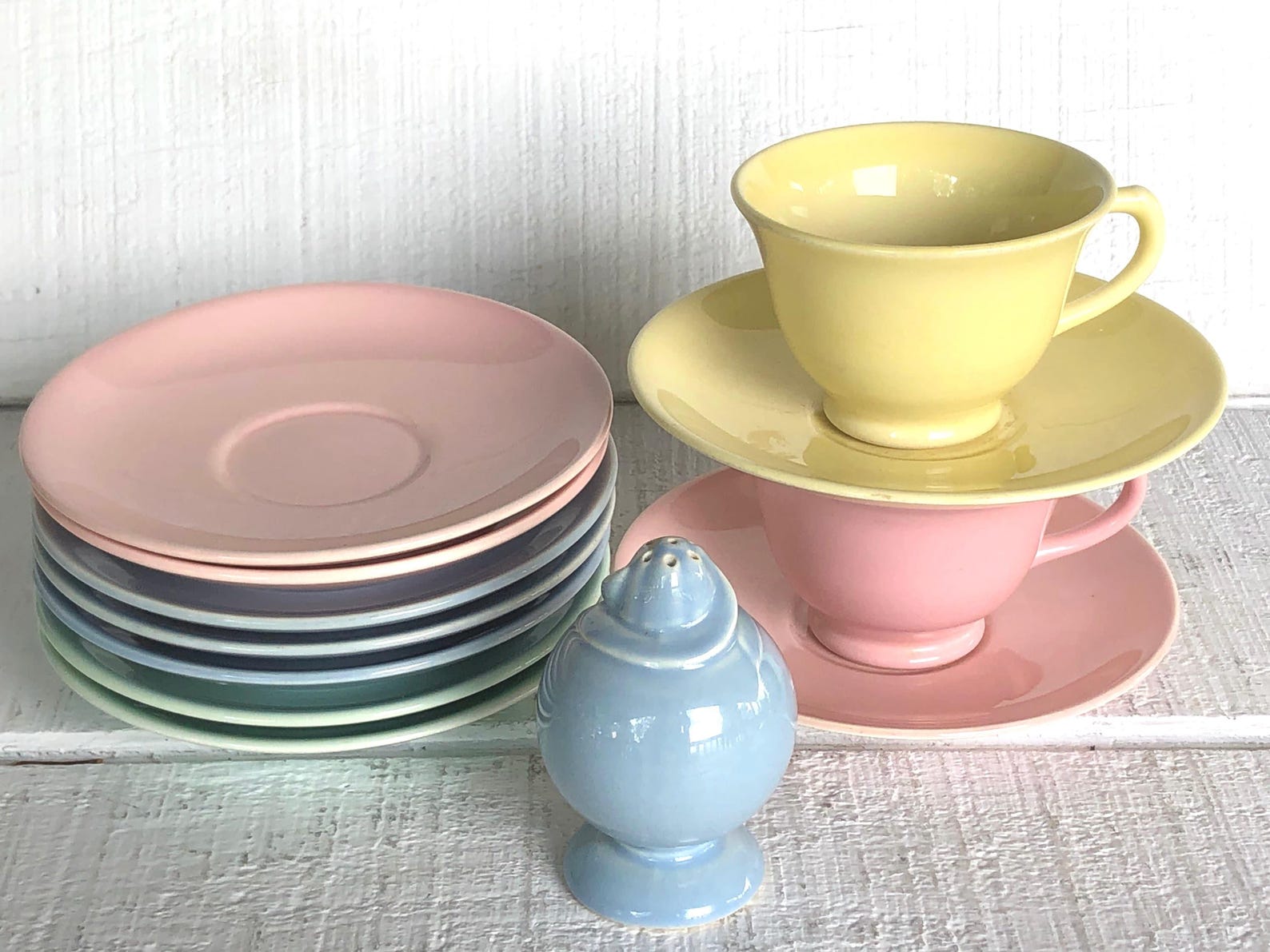 1940's Pastel Luray China Tea Cups / Saucers Salt Shaker Creamer ...