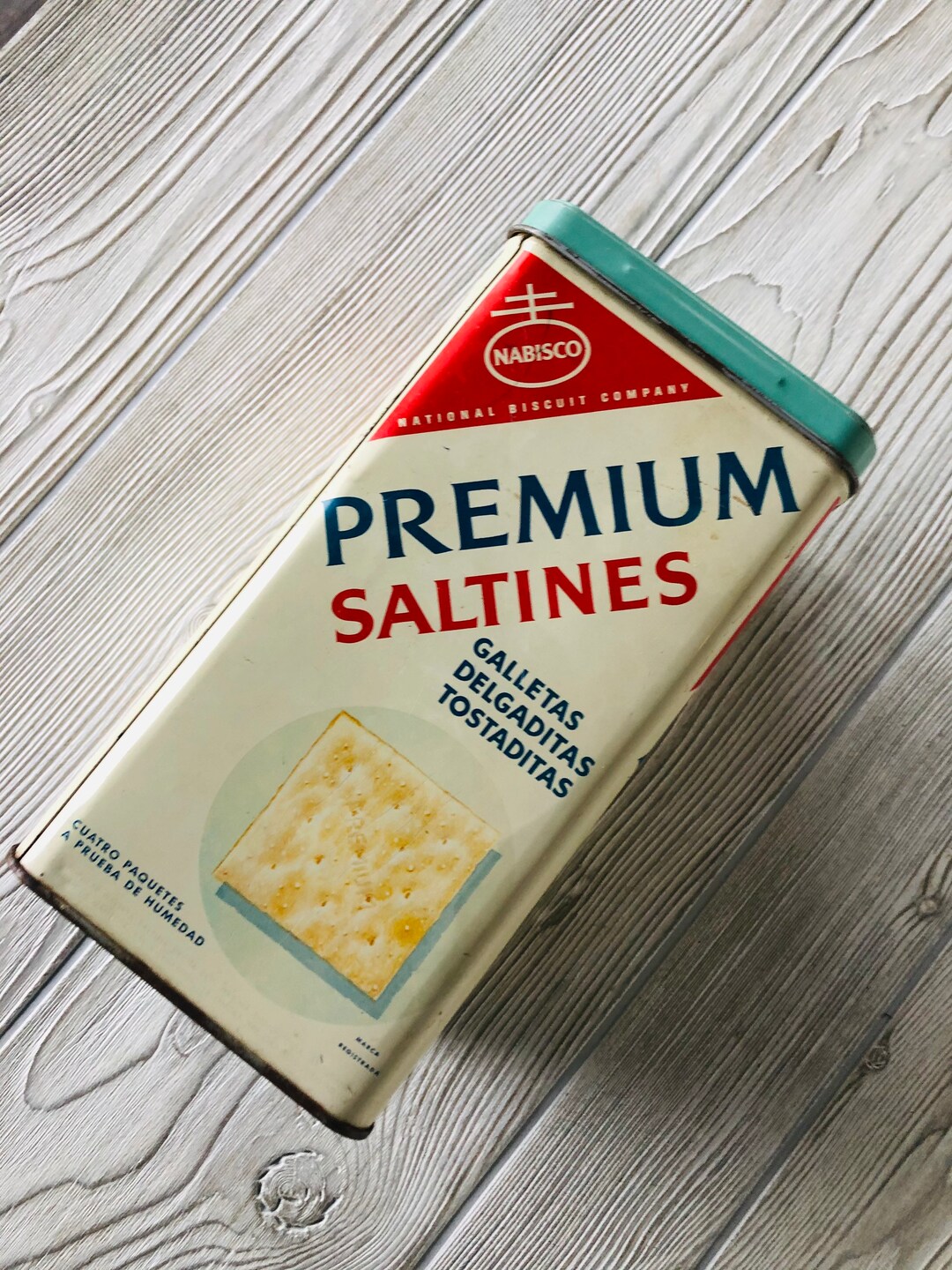 Vintage Premium Saltine Cracker Tin Red White & Navy Blue Metal Food ...