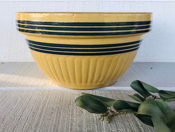 Antique Blue Band Crock Bowl Primitive Yellow Ware Mixing Bowl - Etsy