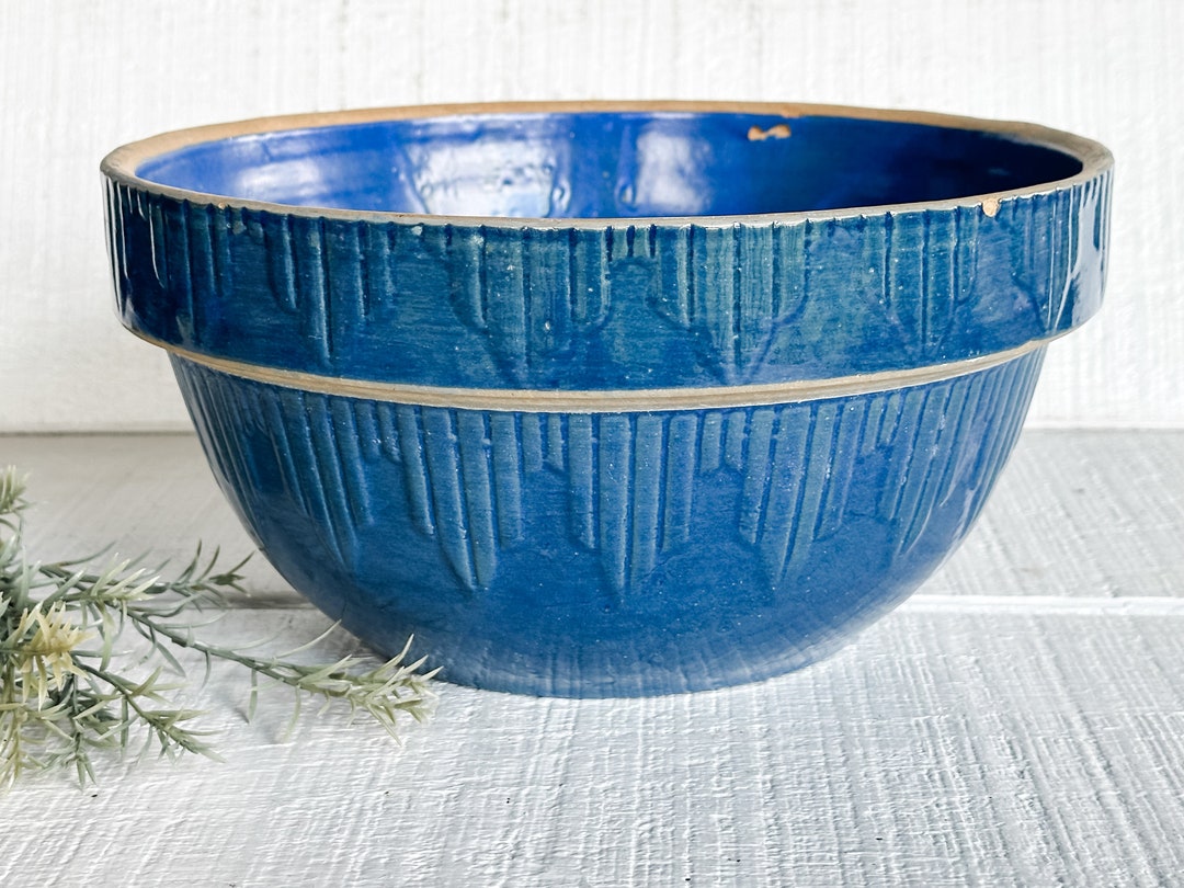 Salt Glaze Blue Stoneware Crock Bowl Yellow Ware Mixing Bowl Depression ...