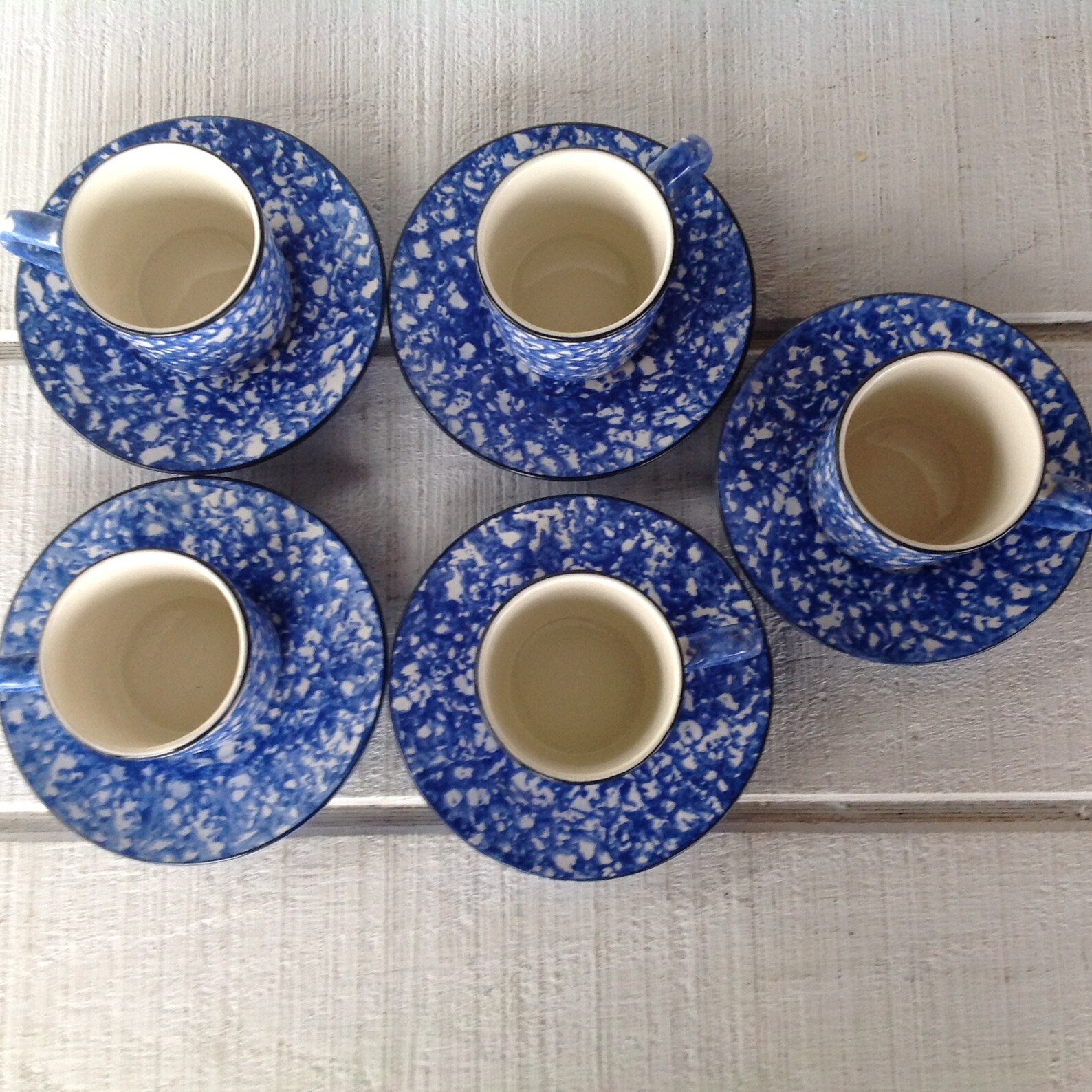1 Vintage Stangl Blue Spongeware Town and Country Mug and Saucer, Hand ...