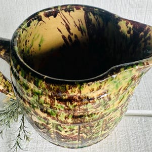 Antique XL Stoneware Pitcher Green Brown Yellow Spongeware Pottery ...