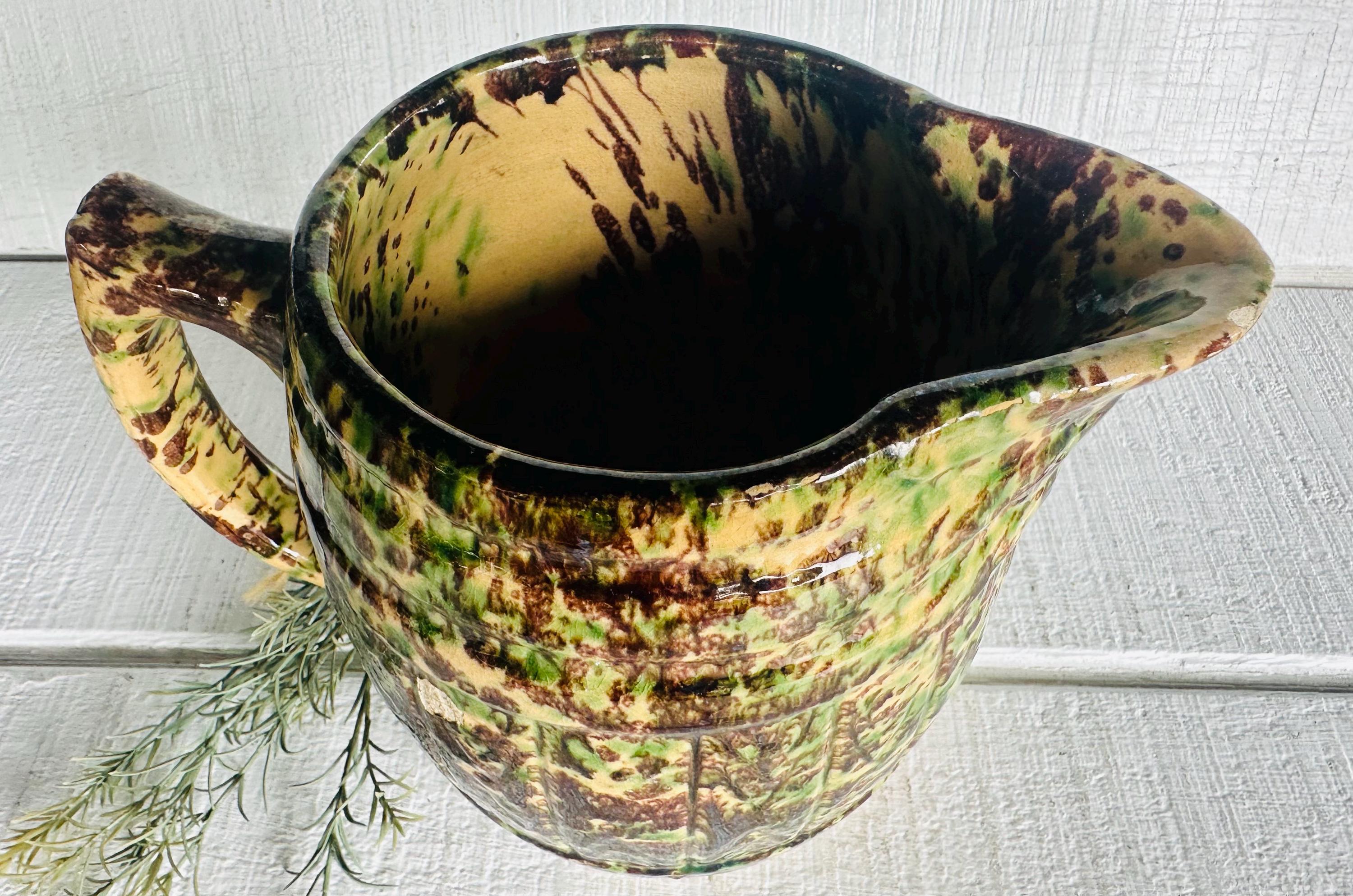 Antique XL Stoneware Pitcher Green Brown Yellow Spongeware Pottery ...
