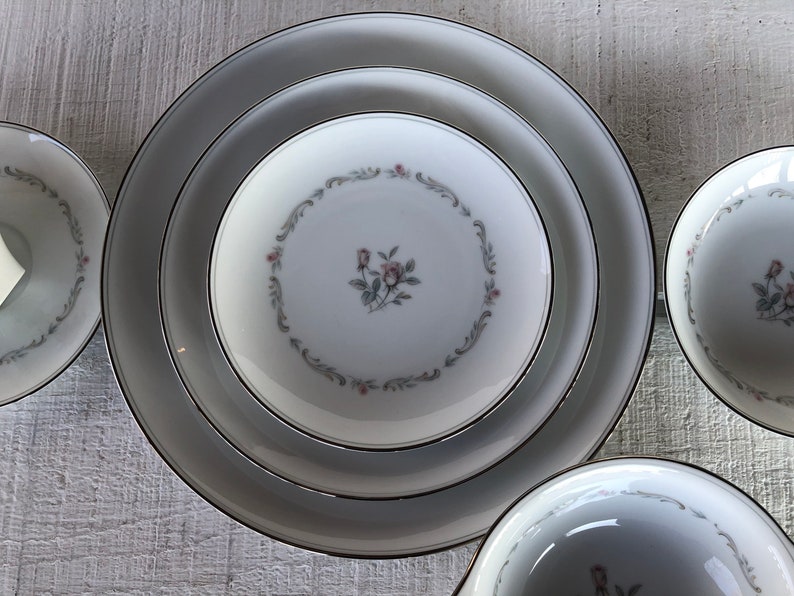 Noritake Mayfair 1960s China 7 Pc Place Setting Pink Rose Platinum Trim ...