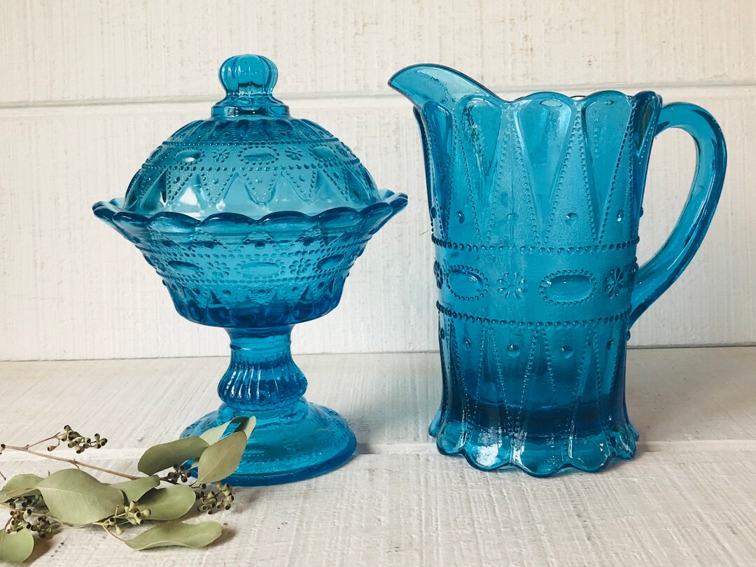 Vintage Turquoise Glass Pitcher Lace and Dewdrop Blue Kemple Wheaton ...