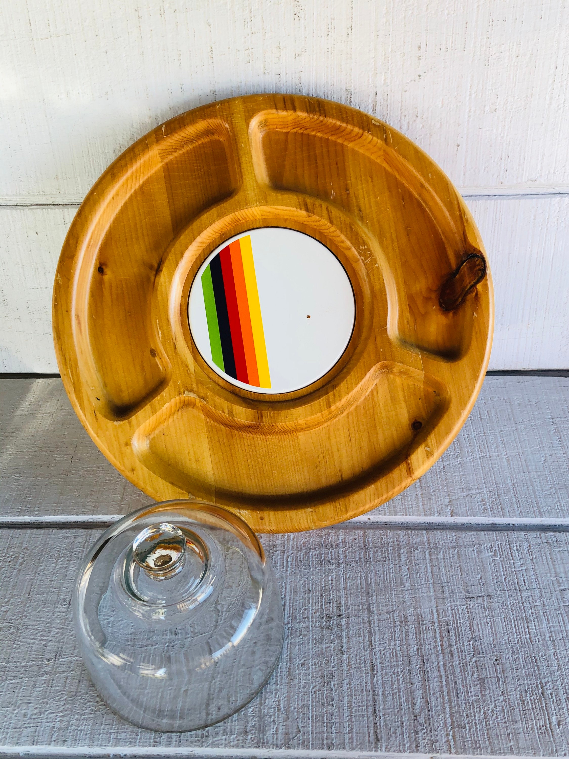 Retro Wooden Round Cheese Tray With Glass Dome Cheese Cloche Cheese and ...