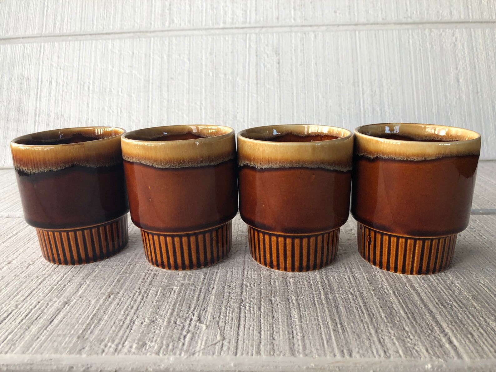 4 Vintage Brown Drip Coffee Mugs 2 Finger Handle Brown Pottery | Etsy