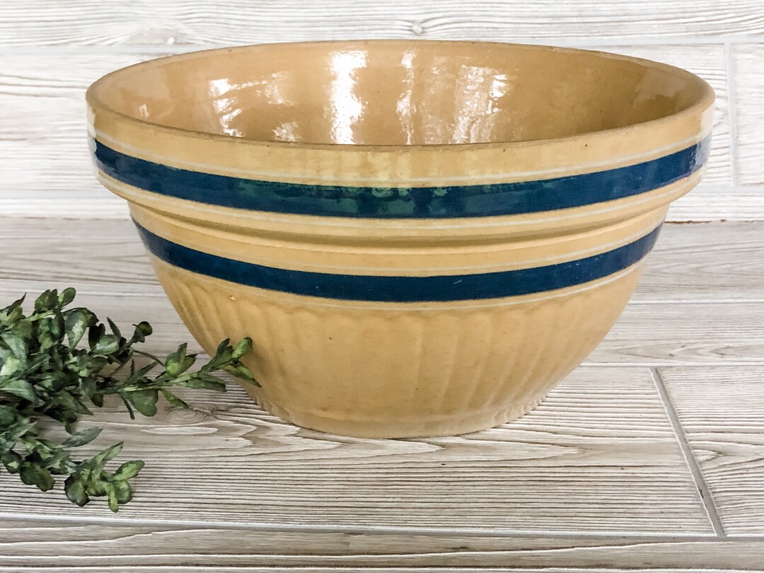 Antique Blue & White Band Crock Bowl Primitive Yellow Ware Mixing Bowl ...