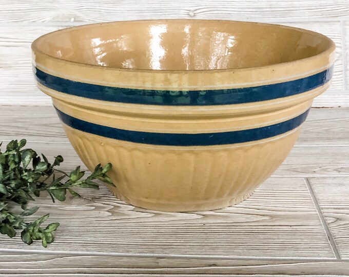 Antique Blue & White Band Crock Bowl Primitive Yellow Ware Mixing Bowl ...