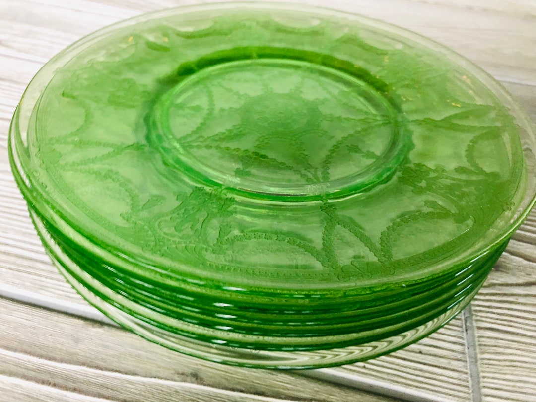 1930s Green Depression Glass Plate 8" Dessert Salad Luncheon Plate Rose ...