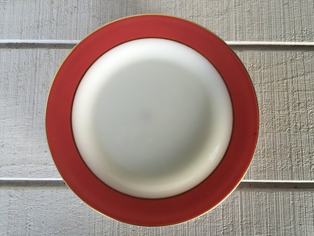 2 Vintage Pyrex Opalware Coral Band Dinner Plate Coral Band W Gold Trim ...