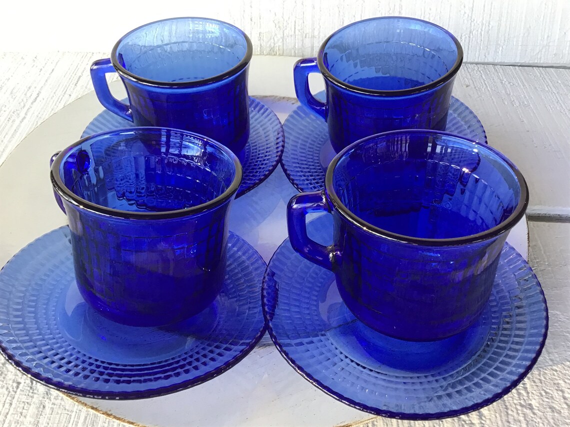 Vintage Blue Glass Cup and Saucer Set Cobalt Blue Mug and - Etsy