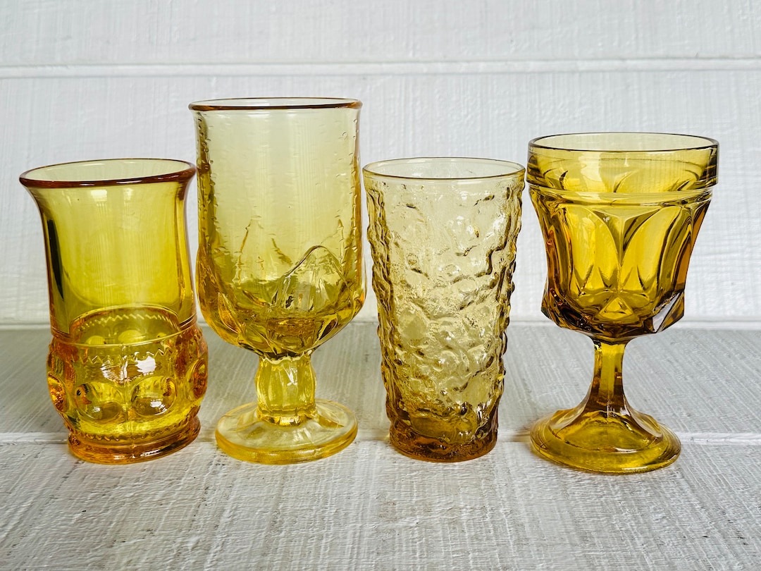 Vintage Amber Yellow Mismatched Goblets Set of 4 | Boho Wedding Glasses ...