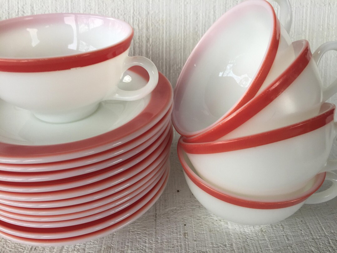 Vintage Pyrex Opalware Coral Band / Gold Trim Cup and Saucer, Vintage ...