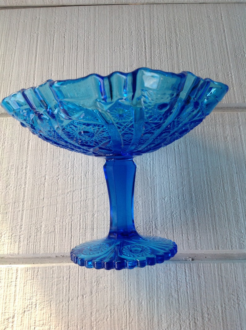 Vintage Azure Blue Pedestal Bowl MCM Blue Glass Compote Bowl - Etsy