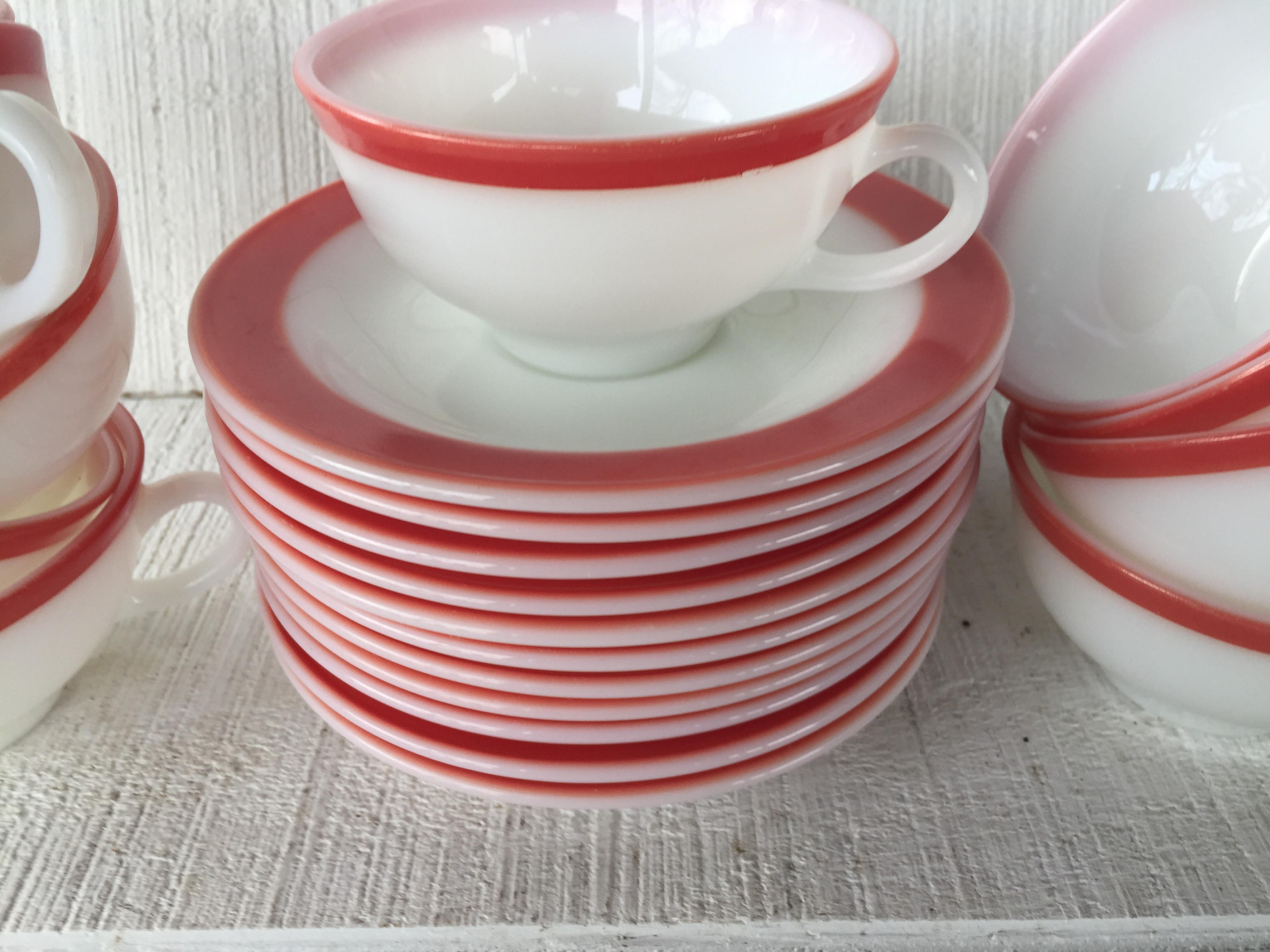 Vintage Pyrex Opalware Coral Band / Gold Trim Cup and Saucer, Vintage ...