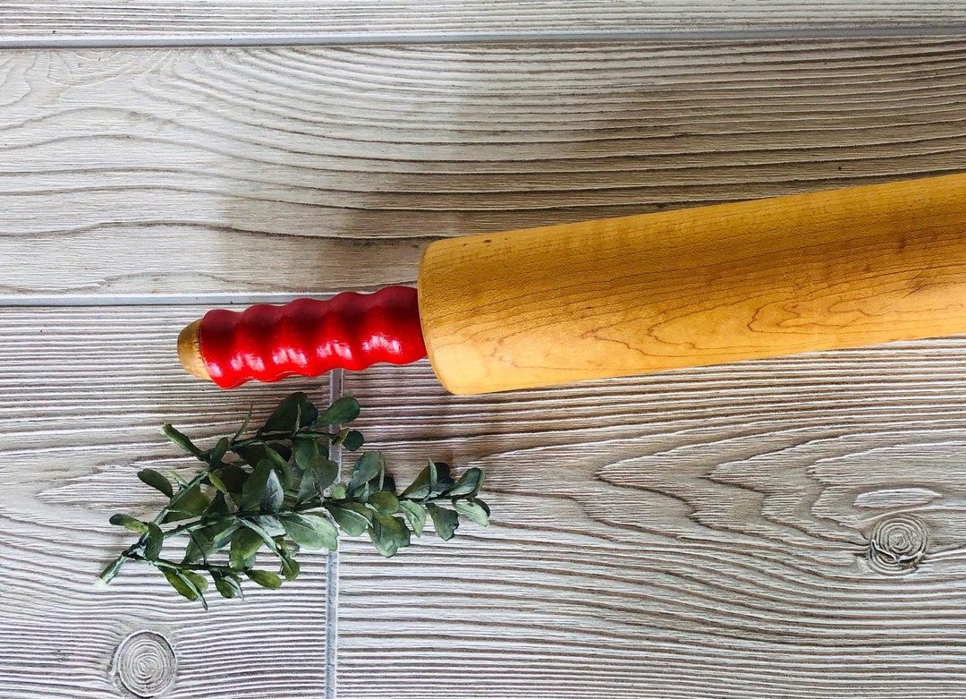 Vintage Wooden Rolling Pin Ribbed Red Wooden Handles, Vintage Farmhouse ...