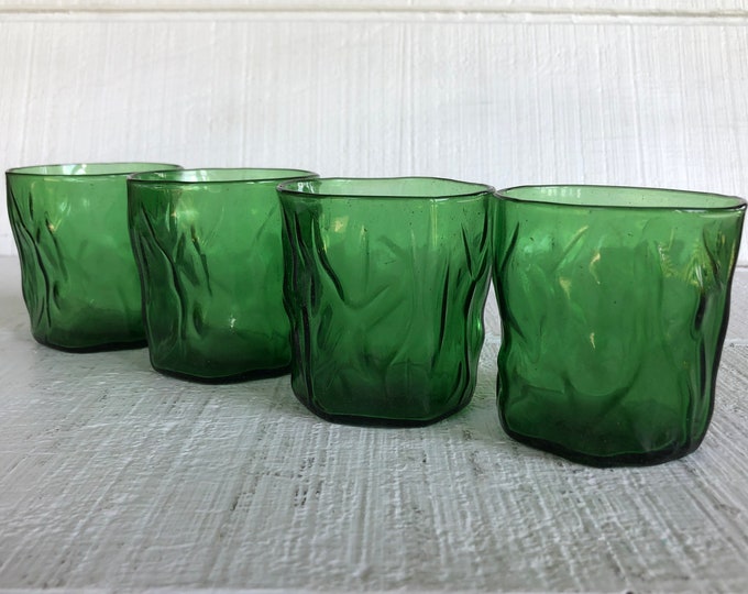 4 Vintage Wheatonware Forest Green Crinkle Glasses Emerald Green Rocks ...