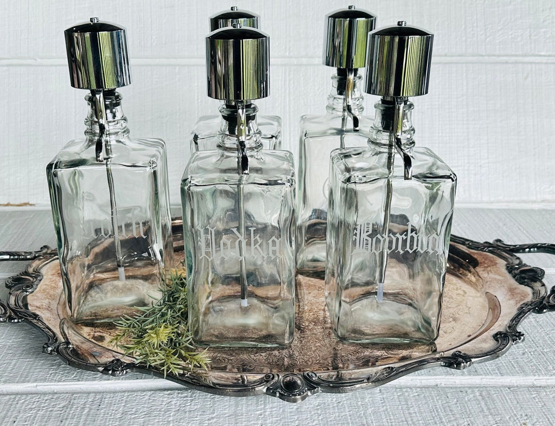 Vintage Liquor Decanter Set of 5, 1960s Chrome Pump Etched Glass ...