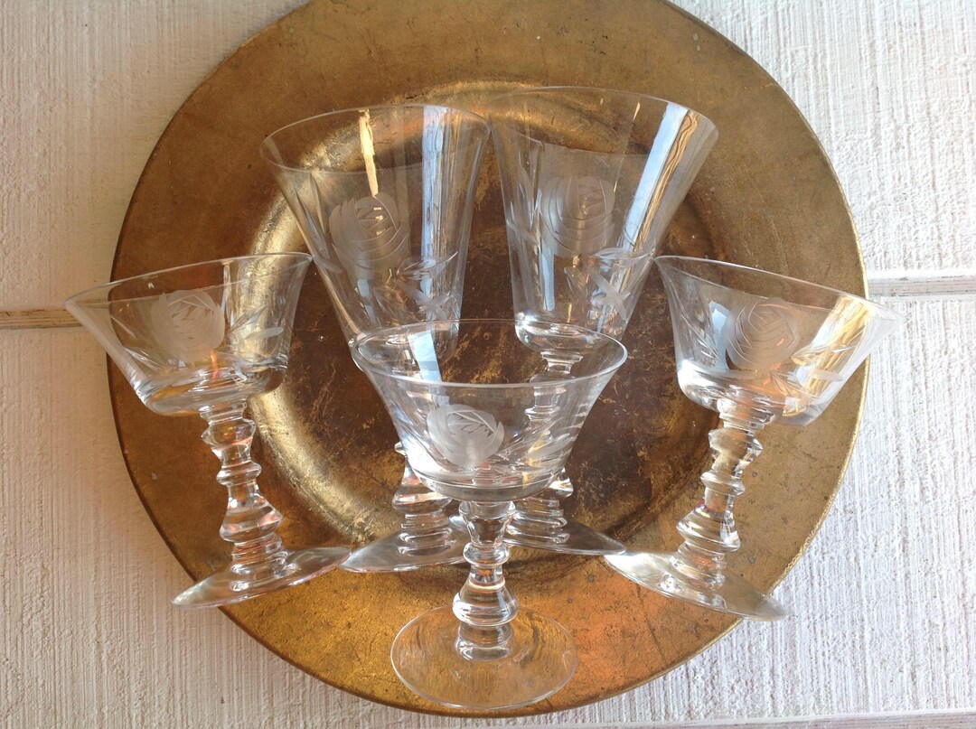 SET 5 Vintage Fostoria Crystal Water Goblet Rose Pattern, Etched Wine ...