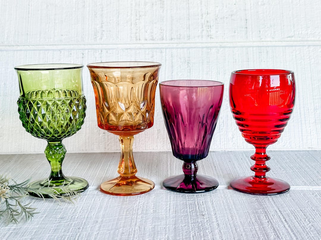 4 Vintage Mismatched Jewel Tone Goblets Colored Glass Goblet Boho ...