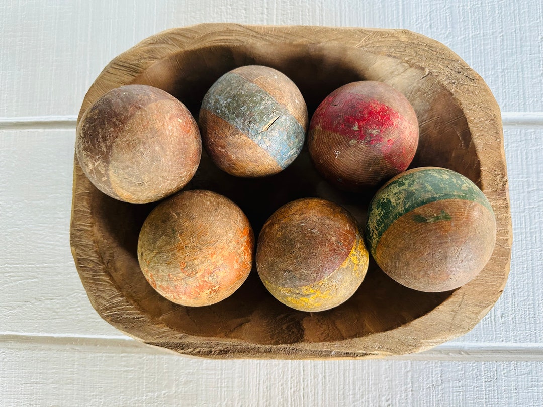 SIX Vintage Croquet Wood Game Balls 1950s 60s Ribbed Bocce Wooden Balls ...