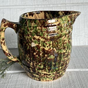 Antique XL Stoneware Pitcher Green Brown Yellow Spongeware Pottery ...