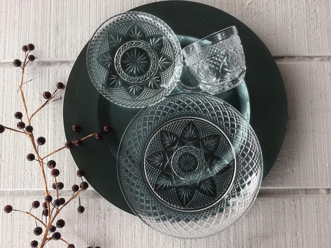 Vintage Clear Glass Dinnerware, Cut Glass Plates Cups Saucer, Durand ...